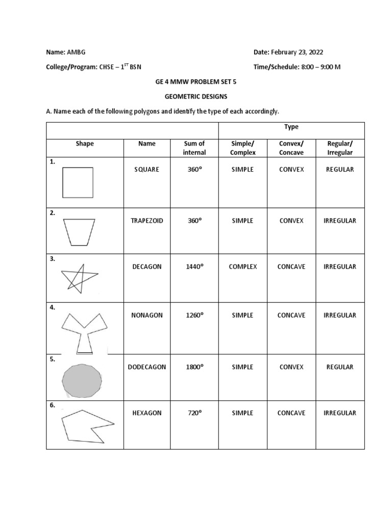 Ge 4 MMW Practice Set 5, A - F | PDF | Shape | Geometric Shapes