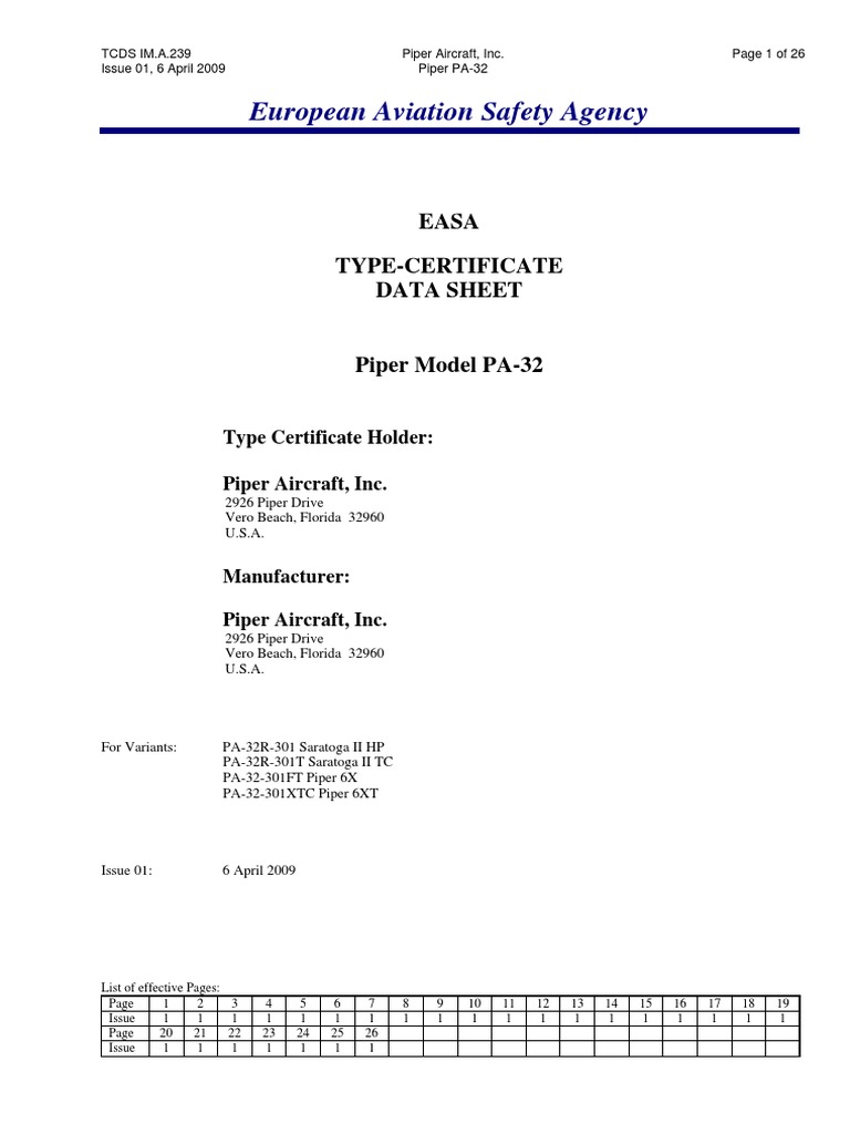 EASA Type Certificate Data Sheet PA-32 | PDF | Aeronautics | Vehicles