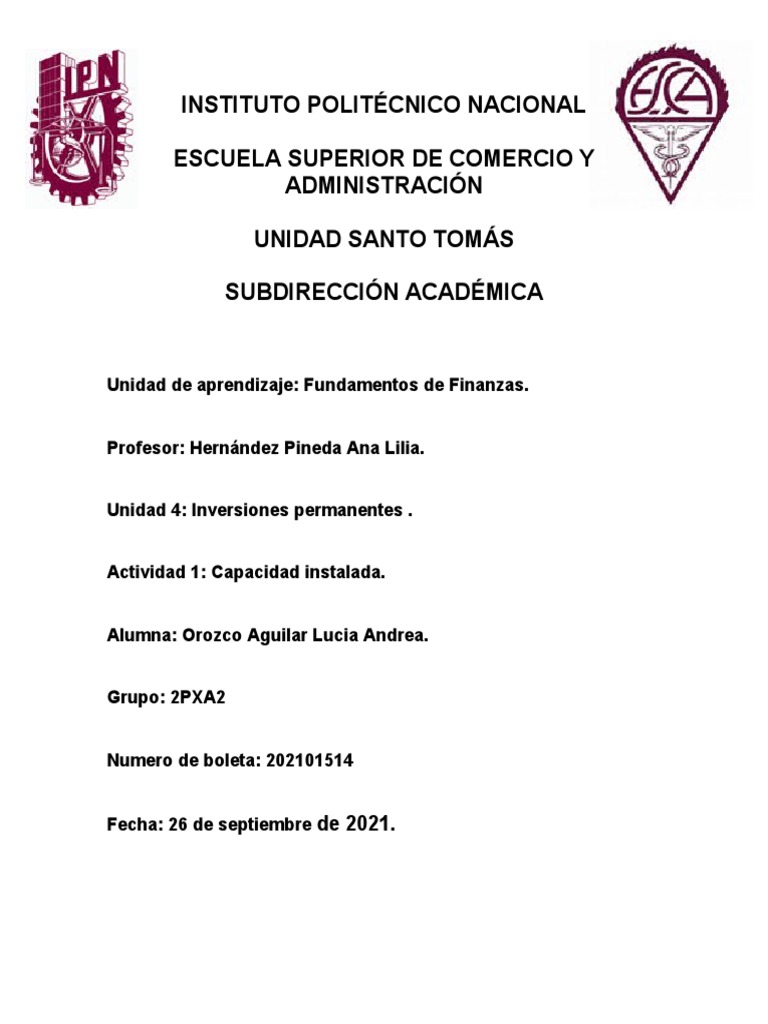 IPN-ESCA-Finanzas-Capacidad-Instalada | PDF | Presupuesto | Mercado (economía)