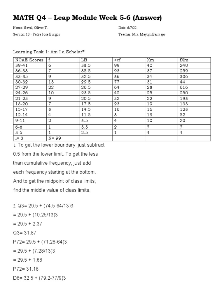 Q4 Math - LEAP W5-6 (Answer) | PDF | Body Mass Index | Obesity