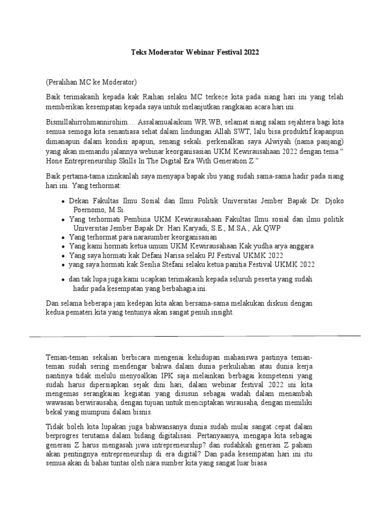 Teks Moderator Webinar Festival 2022 1 | PDF