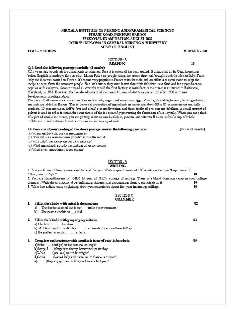English GNM Question Paper | PDF | Ice Cream | Foods