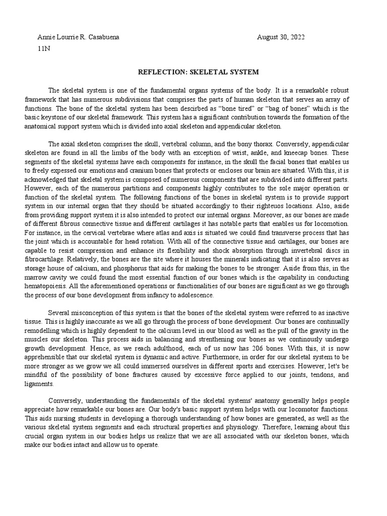 Skeletal System Reflection - Casabuena - 11N | PDF | Skeleton | Bone