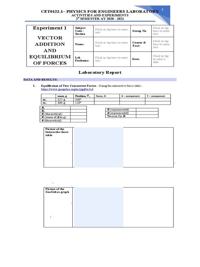 Experiment 1 Addition of Vectors LABORATORY REPORT SHEET | PDF | Force | Physics