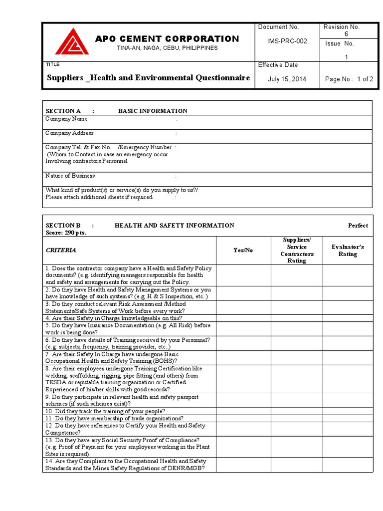 IMS PRC 002 Suppliers Health Environmental Questionnaire | PDF ...