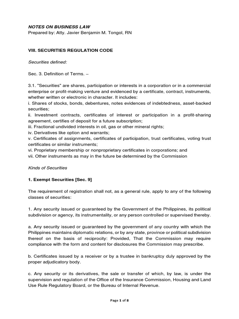 Notes On Business Law - Securities | PDF | Securities (Finance) | Stocks