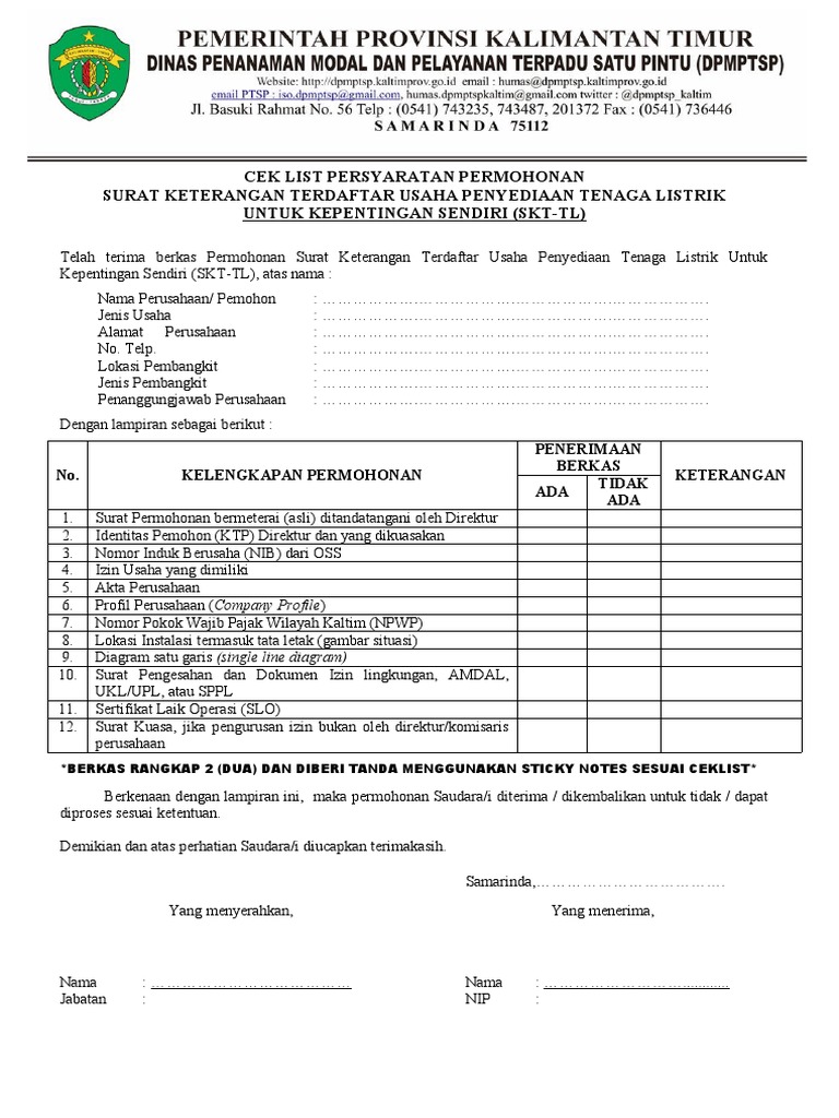 Ceklist SKT-TL (Surat Keterangan Terdaftar Usaha Penyediaan Tenaga Listrik) | PDF