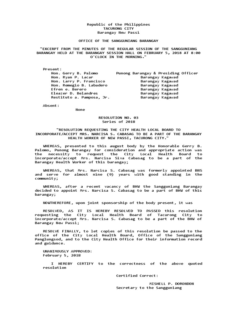 Barangay Resolution # 03 | PDF