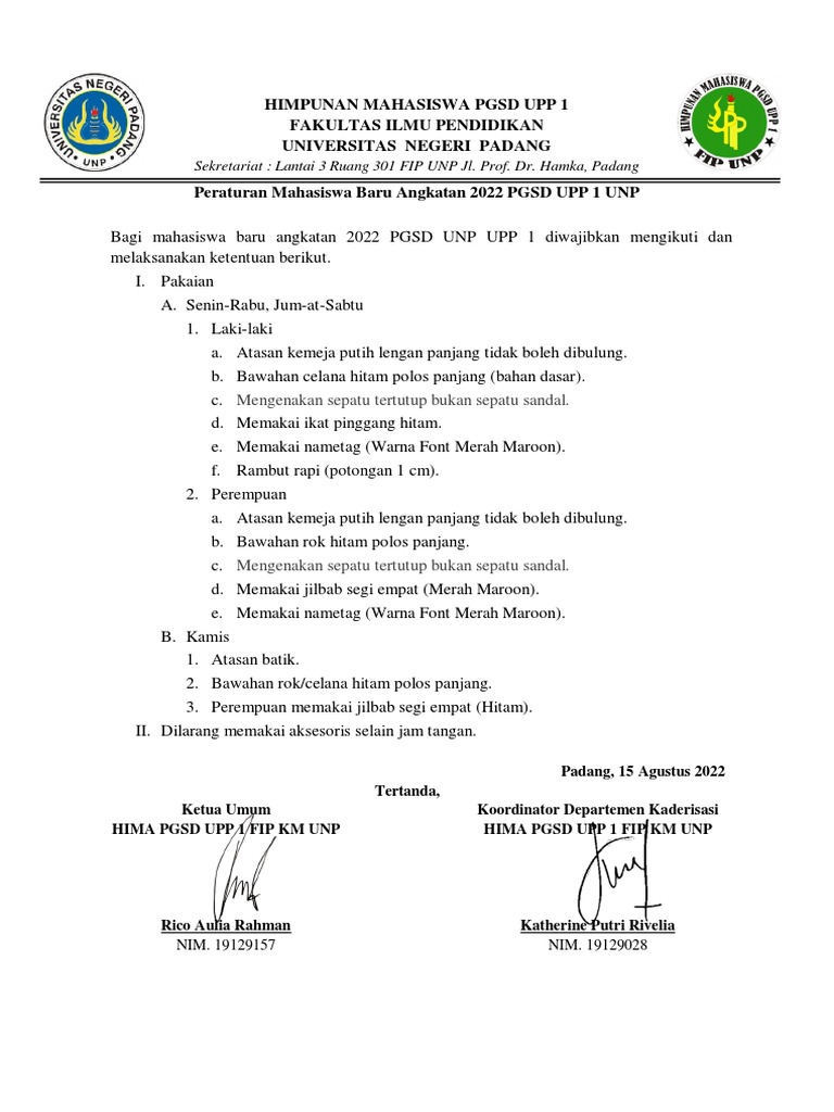 Peraturan MABA 2022 PGSD UPP 1 UNP | PDF