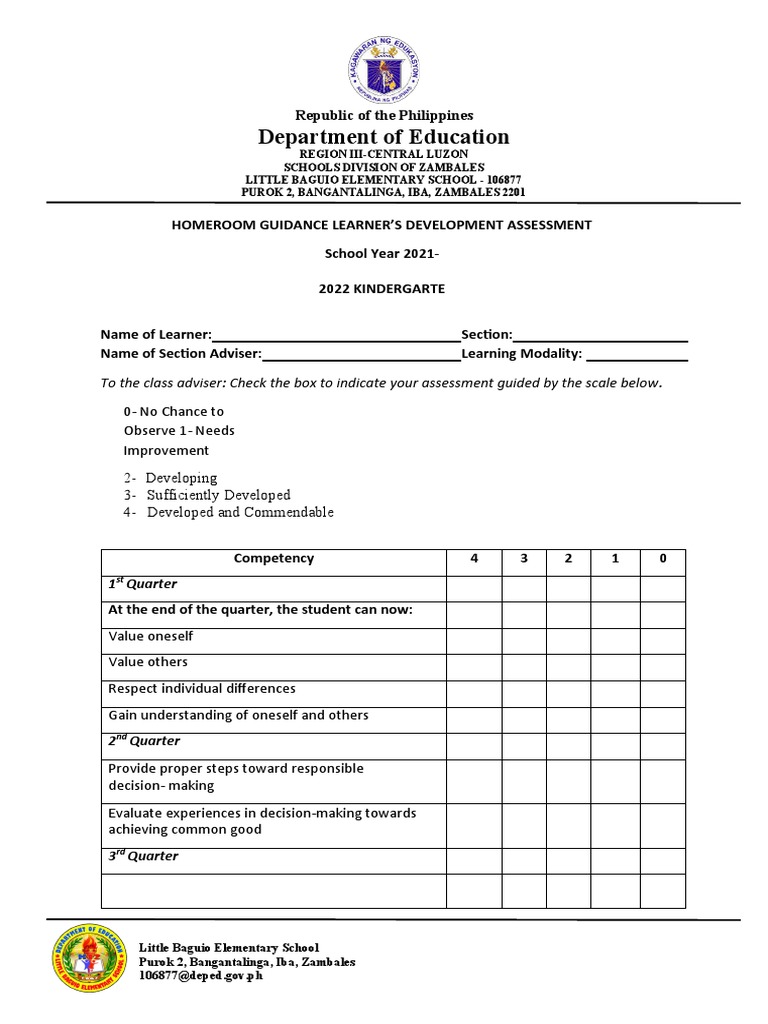 Kindergarten Homeroom Guidance Assessment | PDF | Learning | Cognitive ...