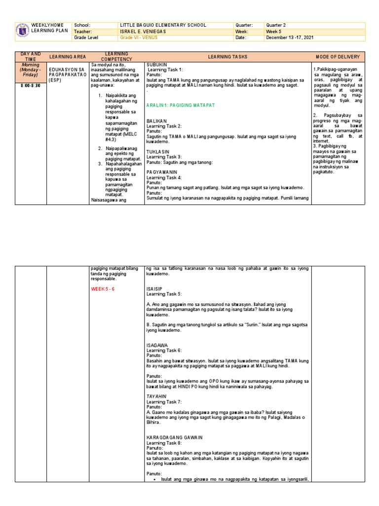 WHLP-Grade-6-Q2-Week-5 - 2021-2022 | PDF