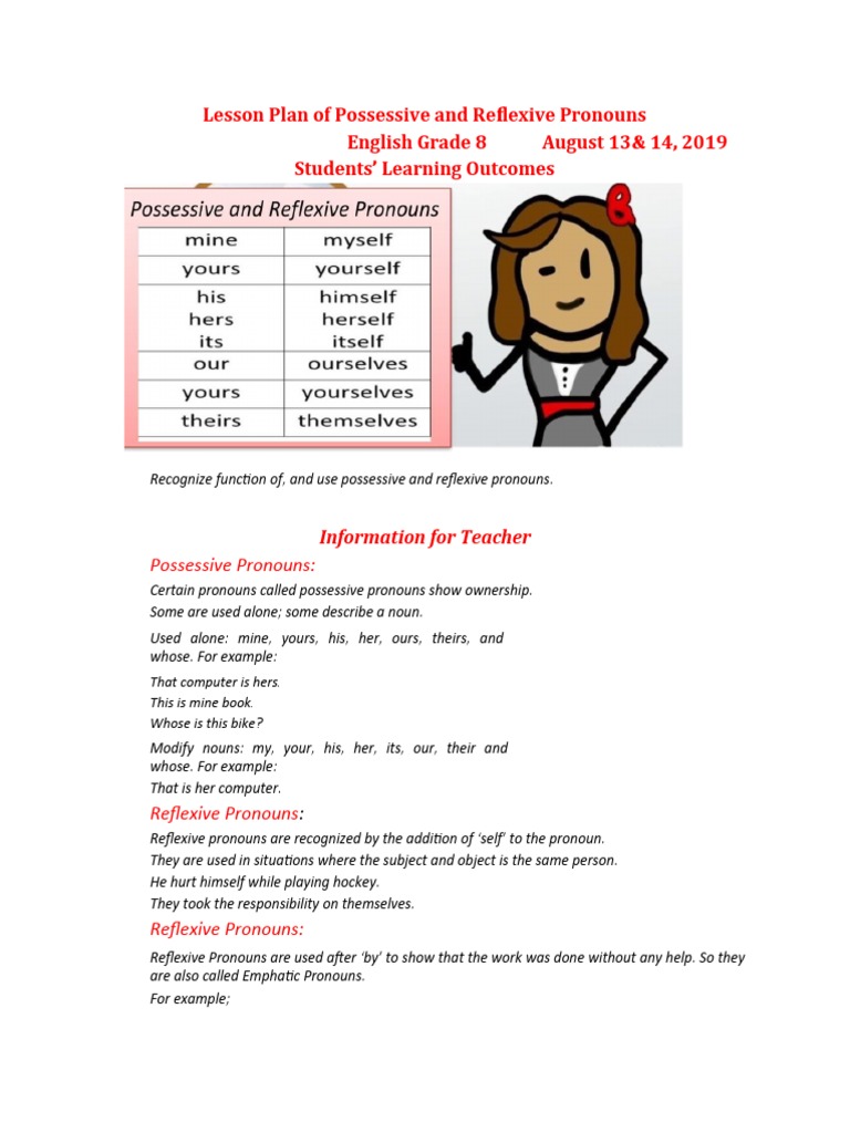 Lesson Plan: Possessive & Reflexive Pronouns | PDF | Pronoun | Language ...