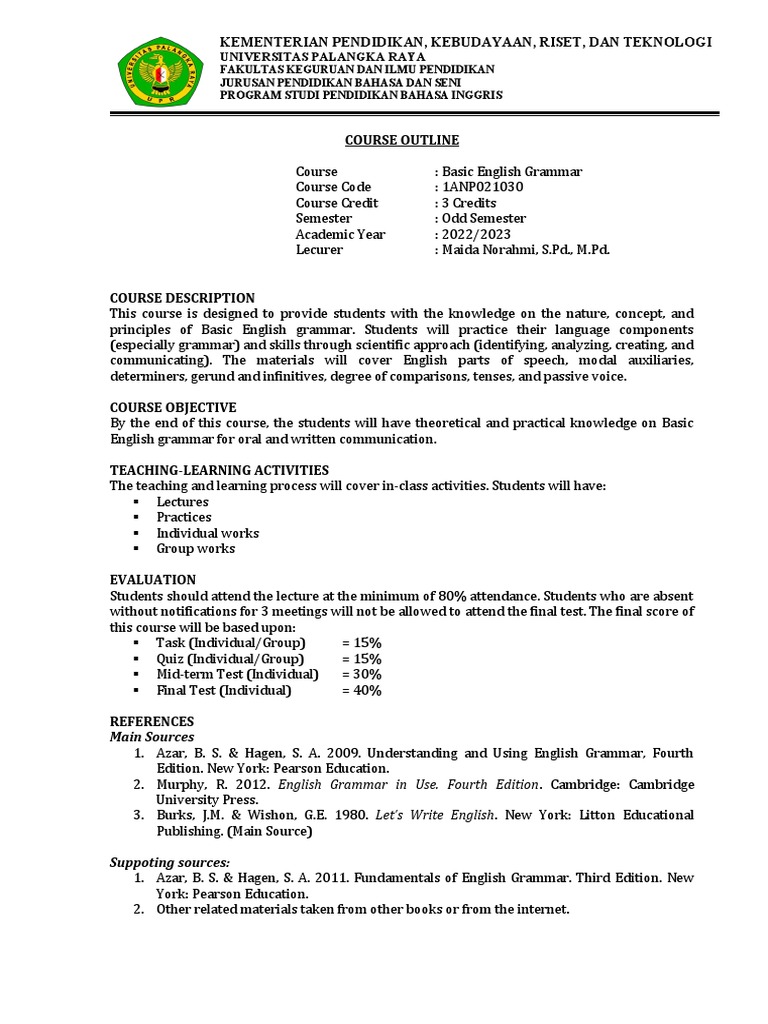 Course Outline of Basic English Grammar 2022 Efvan | PDF | English ...