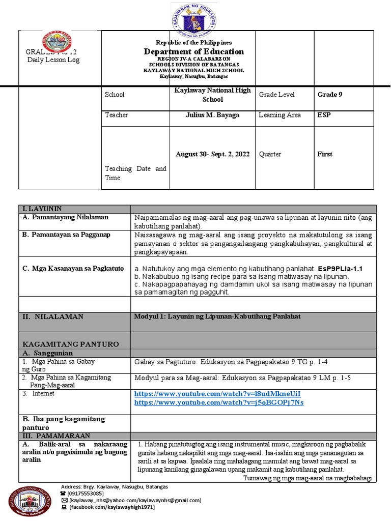 DLL Week 1 Esp 9 | PDF