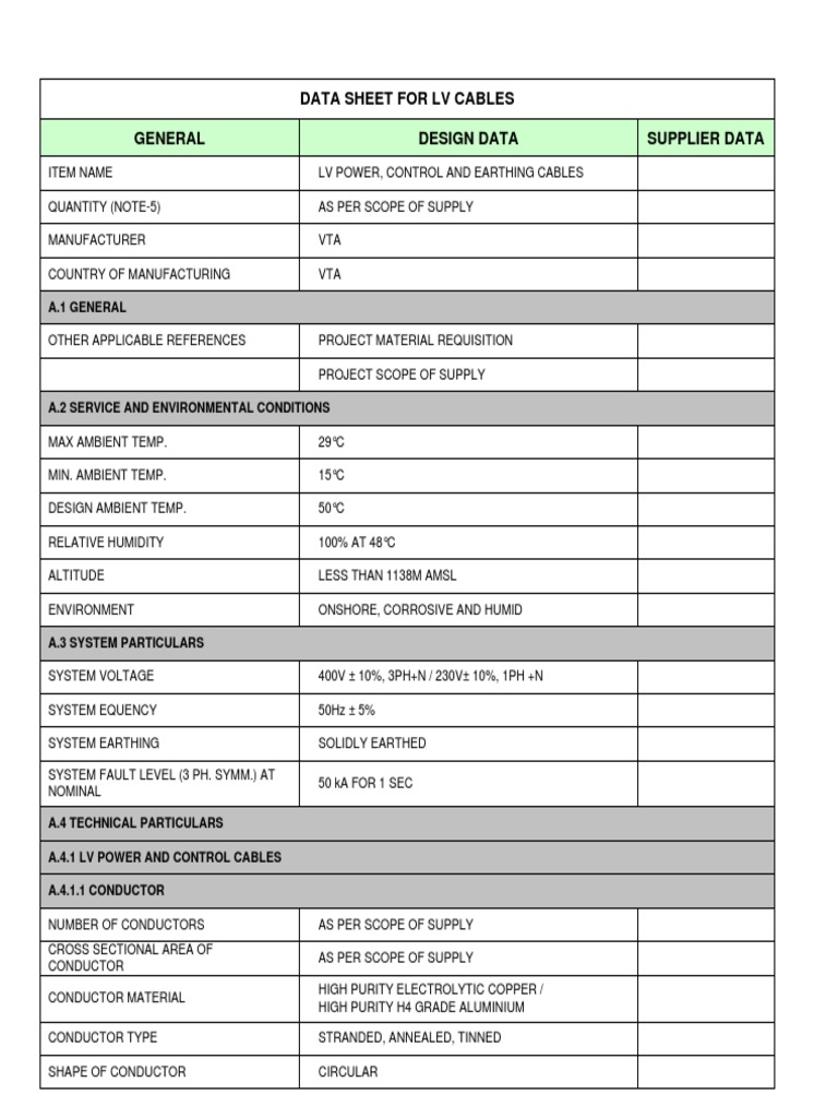 LV Cable Data Sheet | PDF