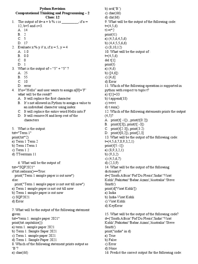 Python Revision Questions Pdf Parameter Computer Programming Systems Engineering