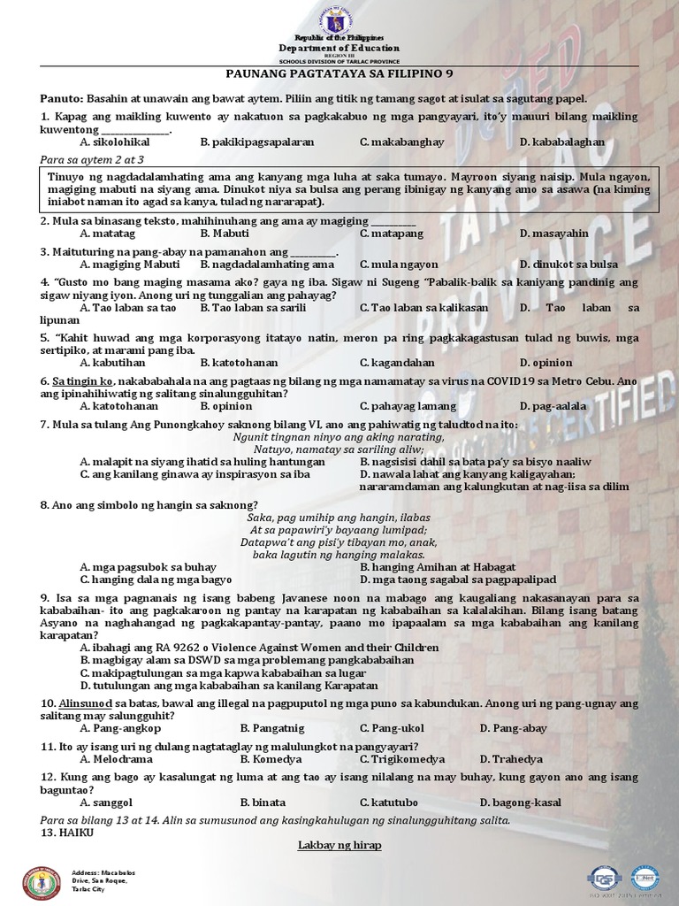 Paunang Pagtataya Sa Filipino 9 | PDF