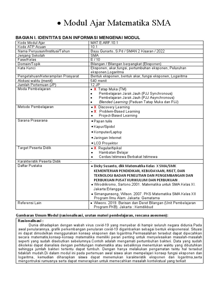Modul Ajar - Matematika SMA - Eksponen Dan Logaritma | PDF | Karier & Perkembangan