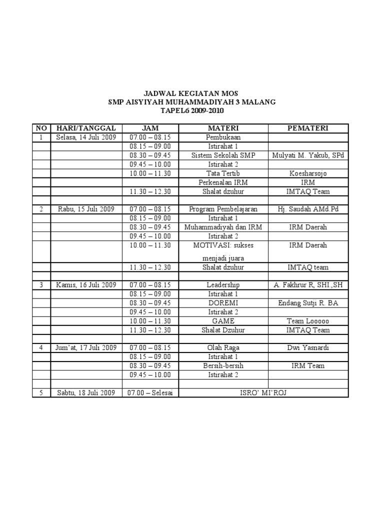 Jadwal Kegiatan Mos | PDF