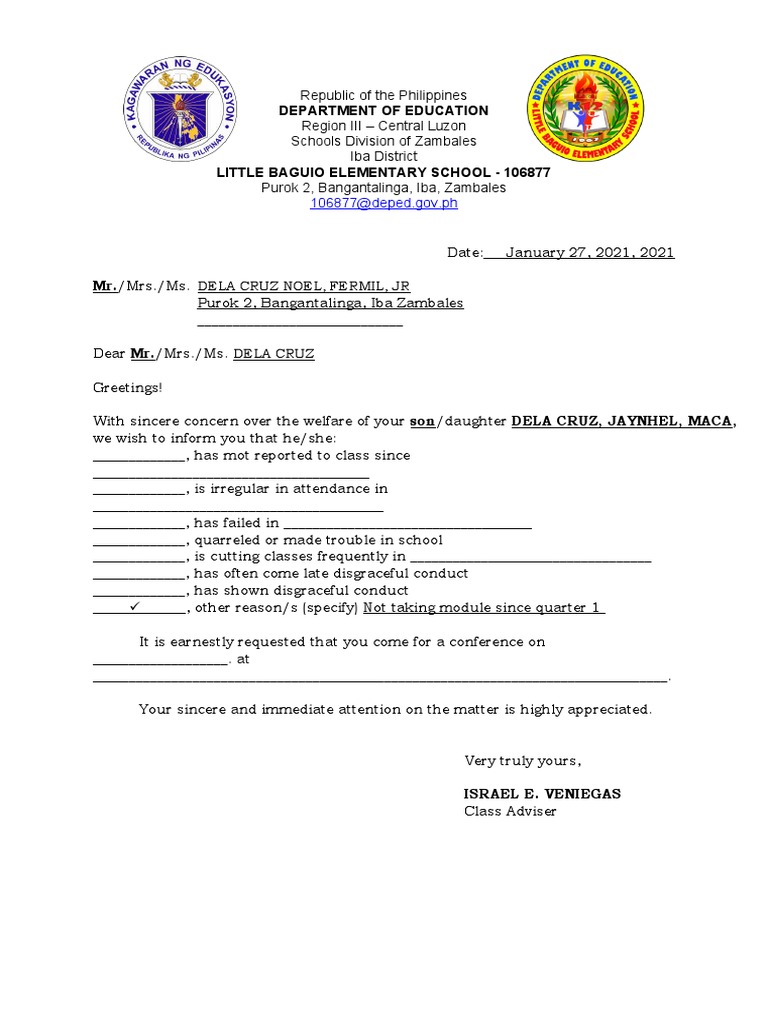 Letter To Parent | PDF