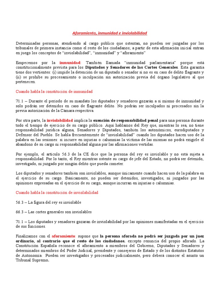 Aforamiento, Inmunidad e Inviolabilidad | PDF | Inmunidad parlamentaria ...