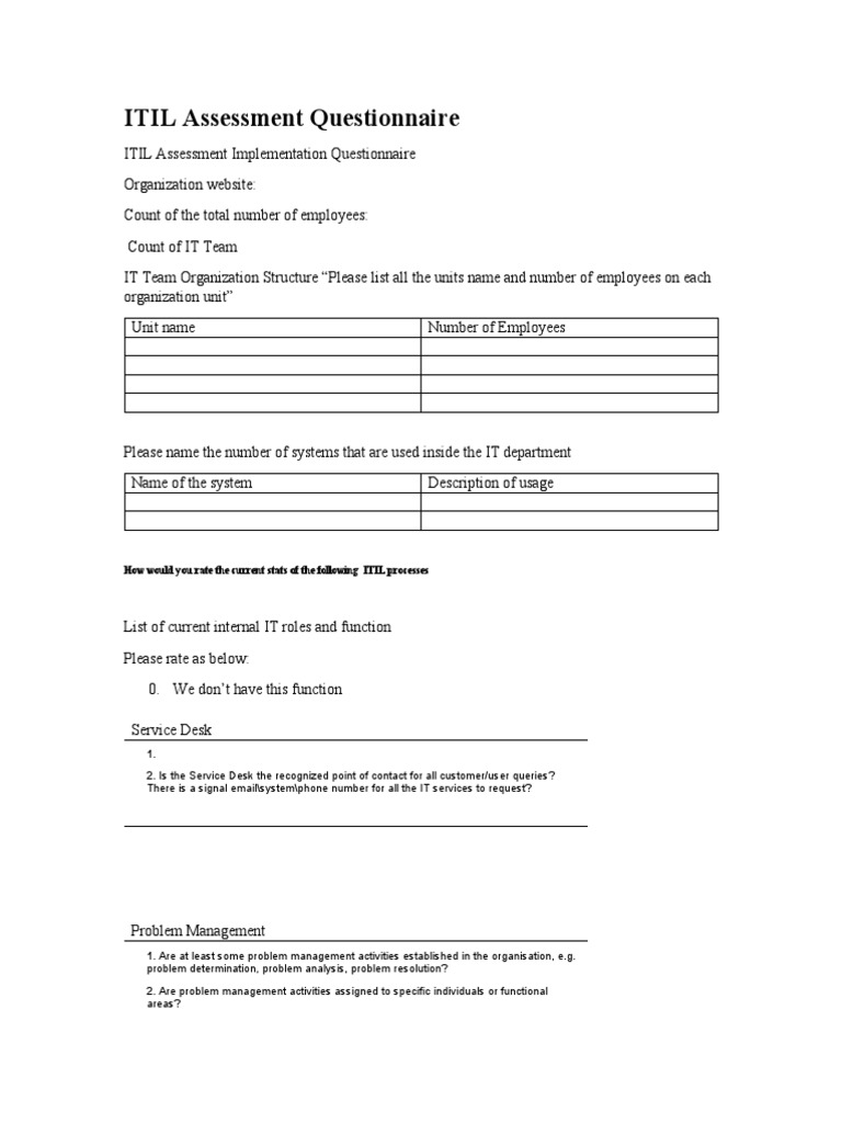 ITIL Assessment Questionnaire | PDF | It Service Management | Databases ITIL Assessment Questionnaire | PDF | It Service Management | Databases