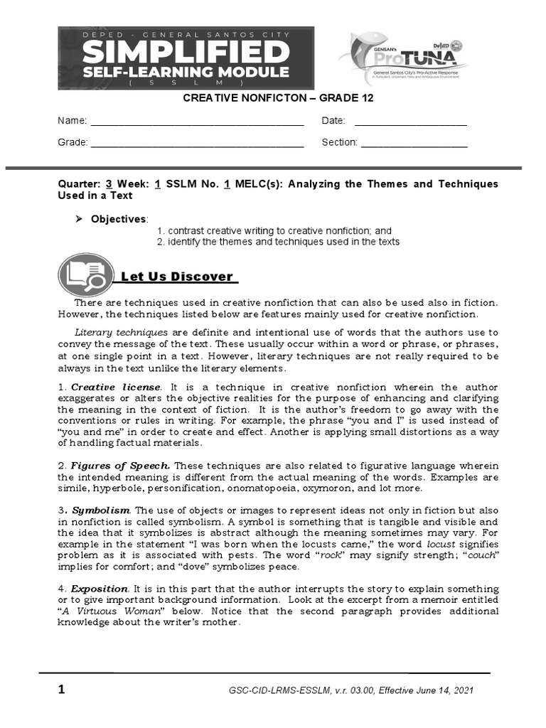 Sslm-Creative Nonfiction-Q3-Week 1 | PDF | Wellness