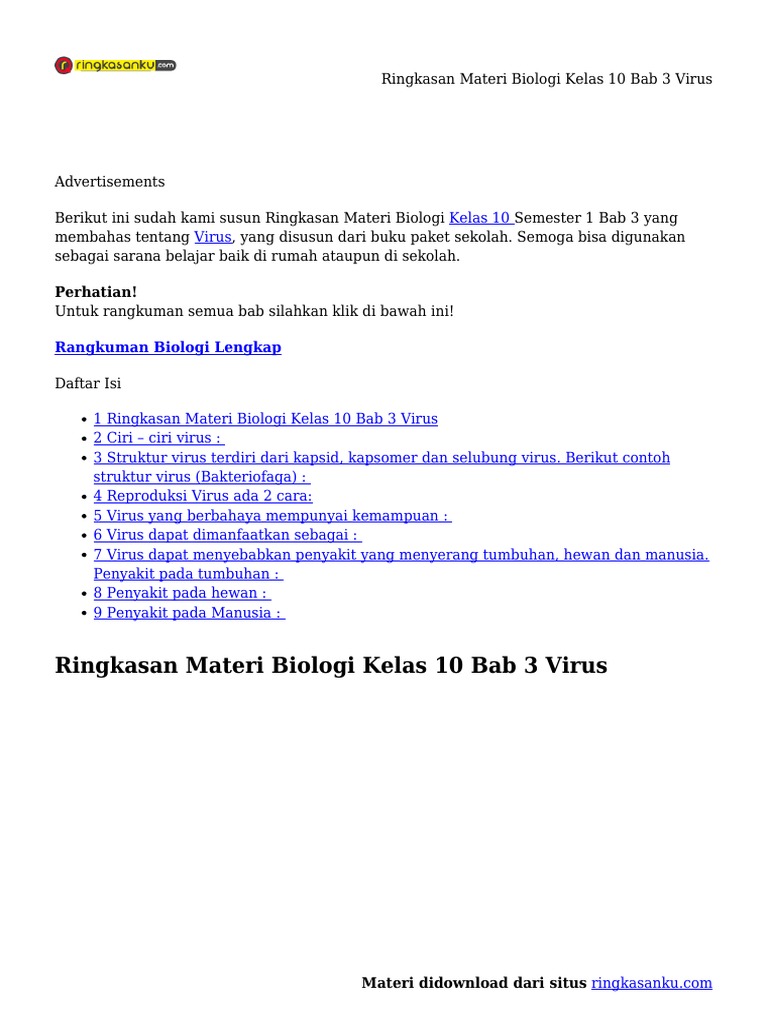 Ringkasan Materi Biologi Kelas 10 Bab 3 Virus | PDF