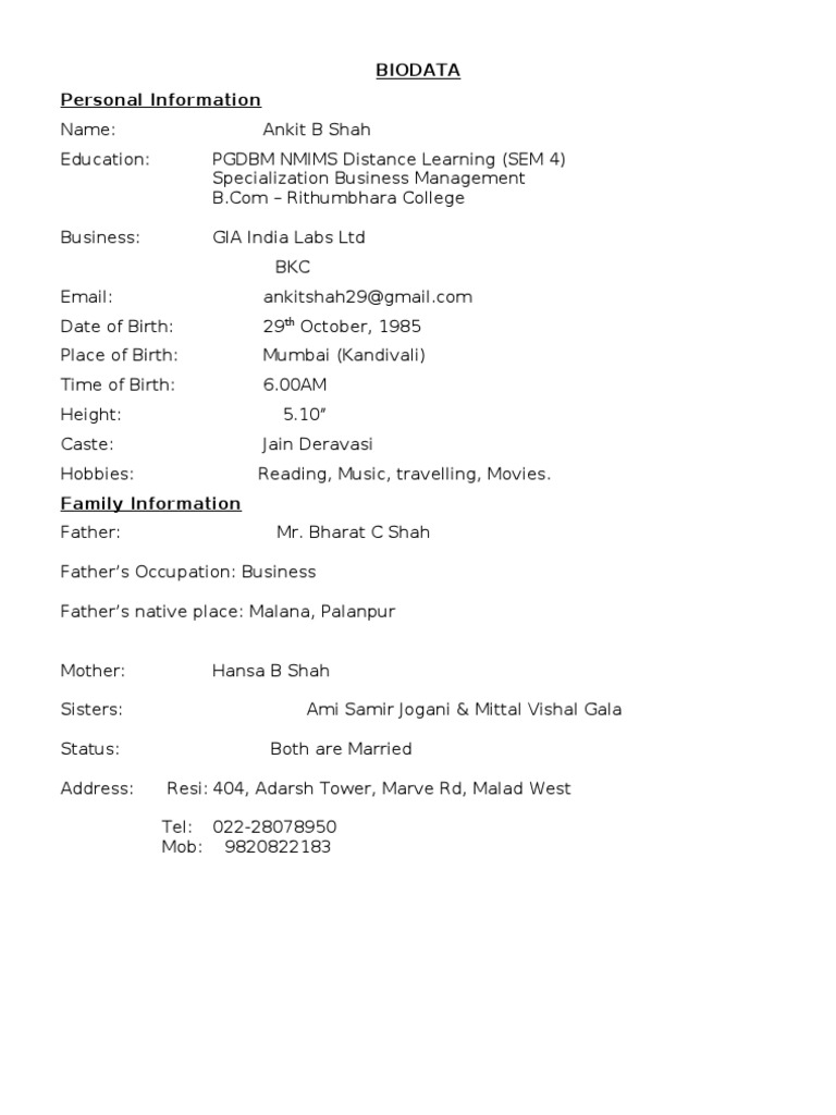 Ankit B Shah: Personal and Family Bio | PDF