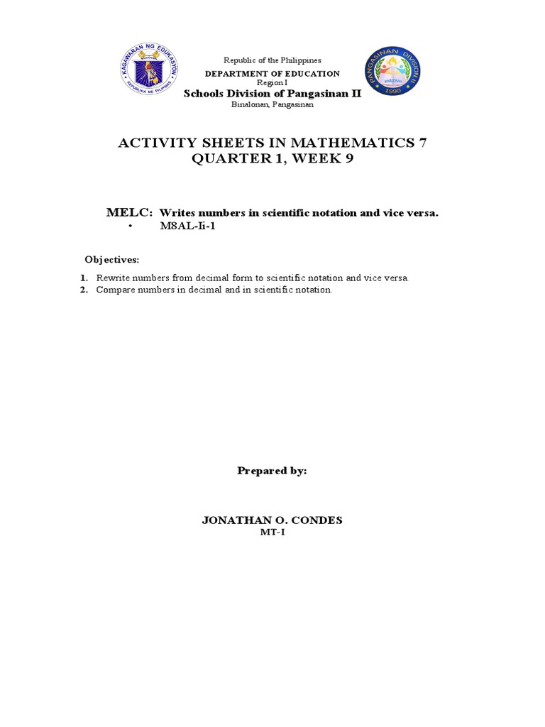 Activity Sheets in Mathematics 7 Quarter 1, Week 9: Schools Division of Pangasinan II | PDF ...