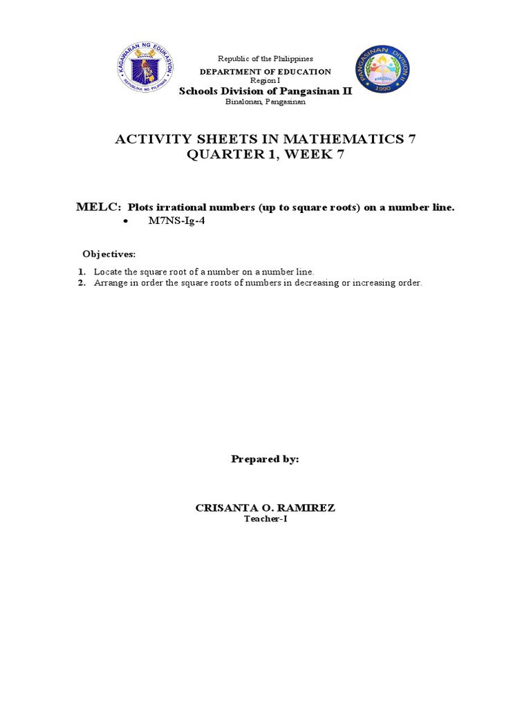 Activity Sheets in Mathematics 7 Quarter 1, Week 7: Schools Division of ...