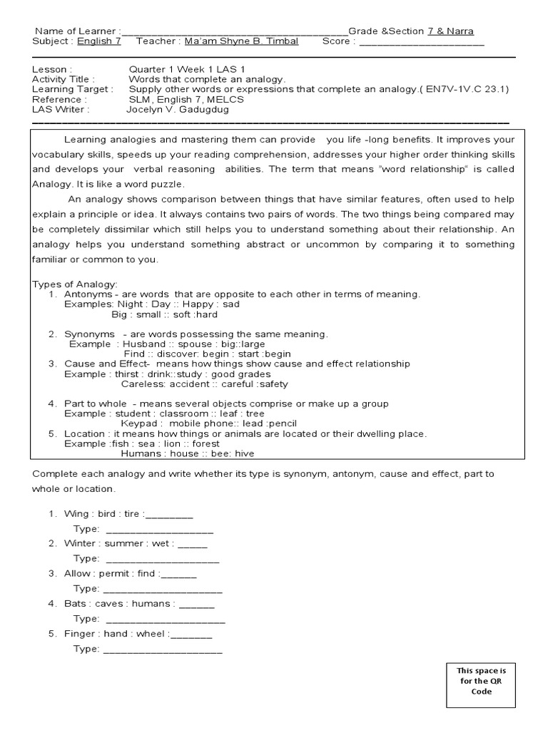 Final Eng7 Q1W1 Las1gadugdug | PDF | Analogy | Learning