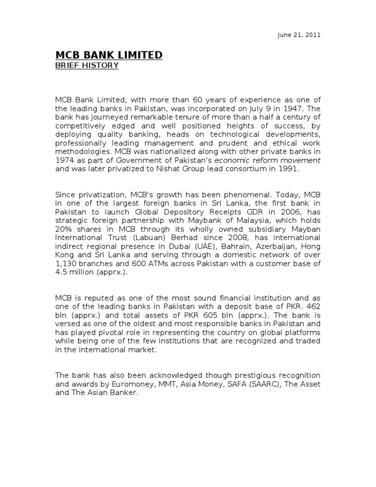 MCB Bank Brief History | PDF