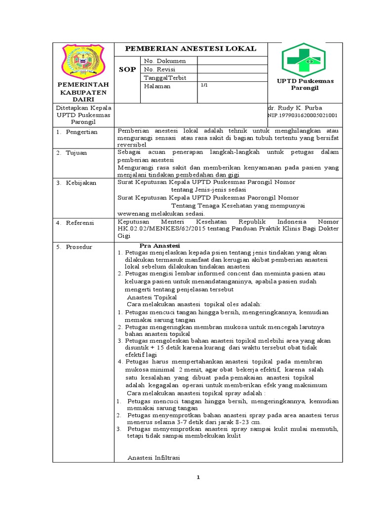 Sop-Pemberian-Anastesi-Lokal BLM Edit | PDF