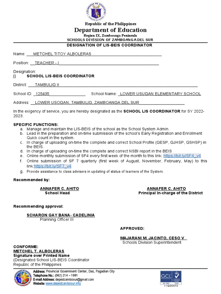 Final Designation of Lis Coordinators | PDF