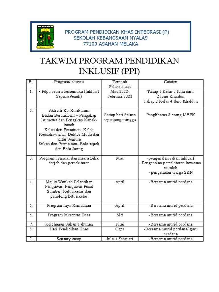 Takwim Program Pendidikan Inklusif | PDF