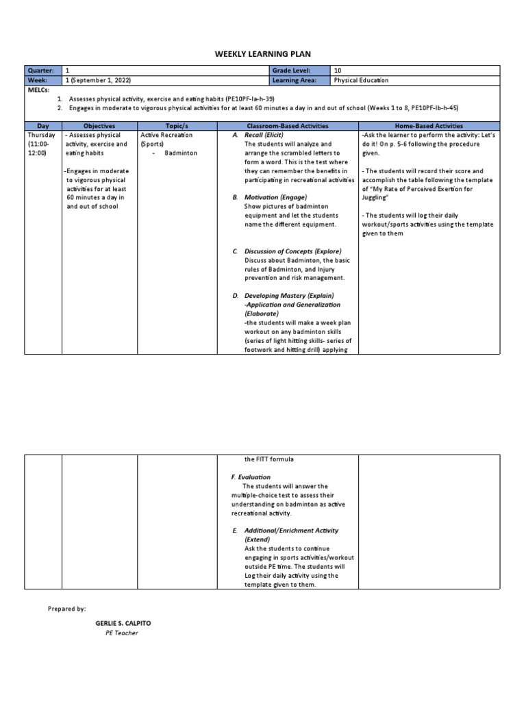 Sample Weekly Learning Plan | PDF | Learning | Physical Education