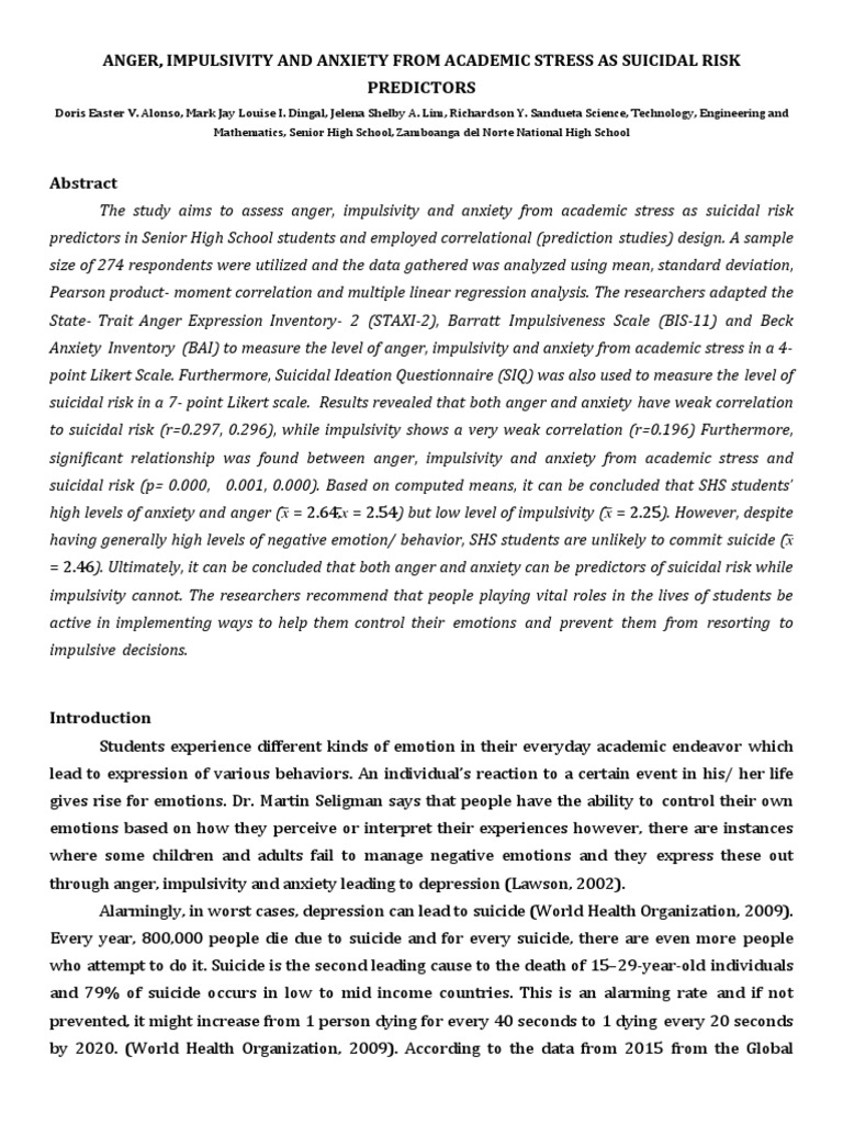 Quantitative Research (Sample) | PDF | Suicide | Risk