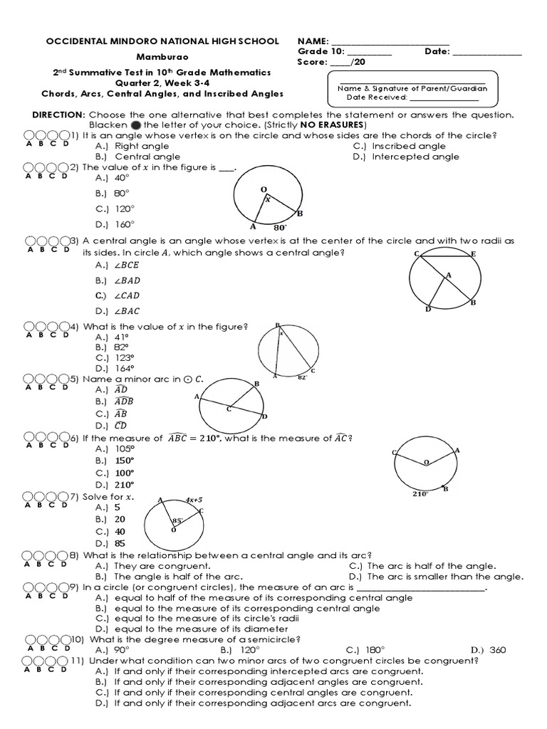 5 Summative Test Grade 10 Mathematics Chords Arcs Central Angles And Inscribed Angles Pdf