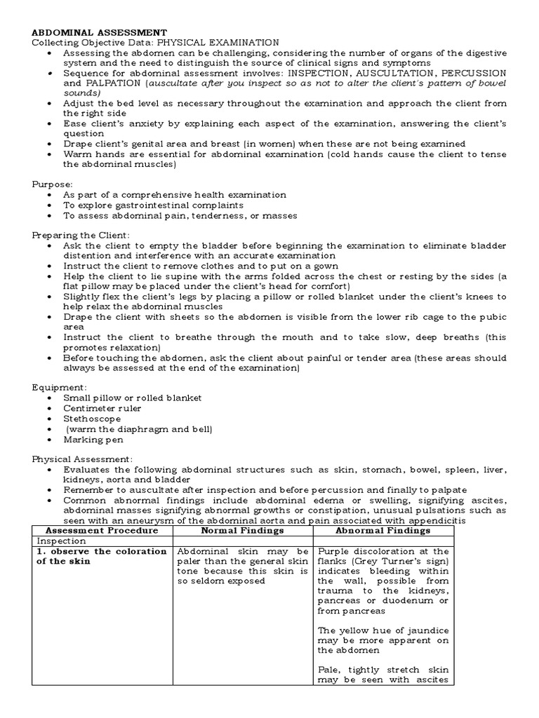 Abdominal Assessment Procedure | PDF | Abdomen | Medical Specialties