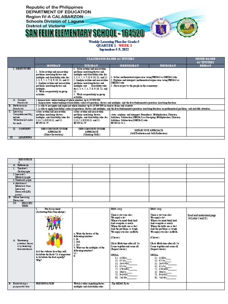 Grade 5 Math Learning Plan Q1 W3 | PDF | Constructivism (Philosophy Of ...