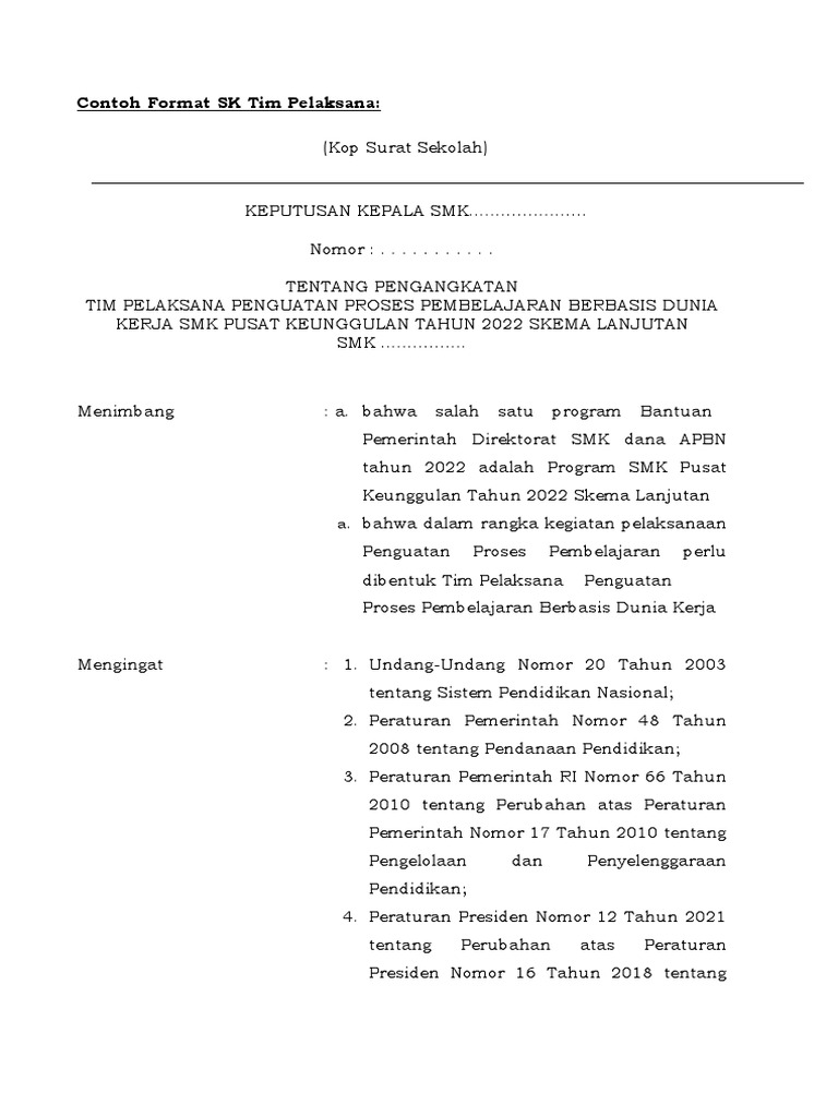 Contoh Format SK Tim Pelaksana | PDF | Bisnis