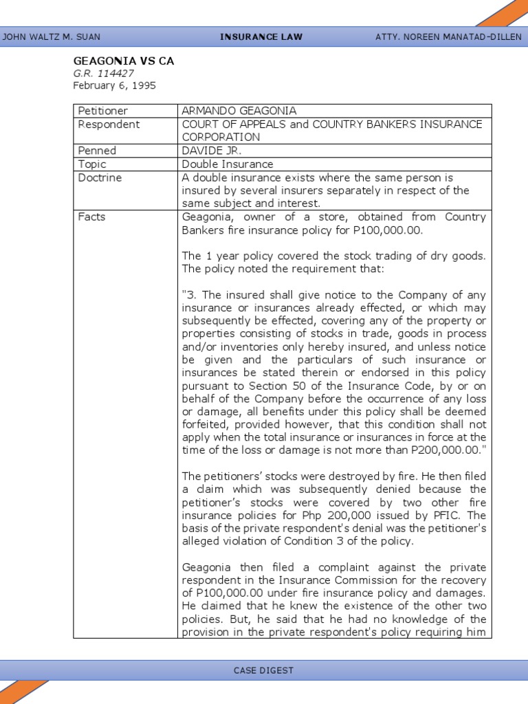 Insurance Law (Case Digest) | PDF | Insurance | Subrogation
