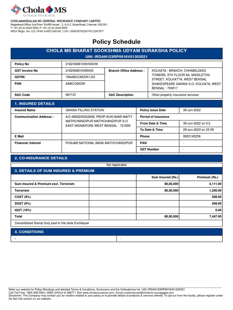 Policy Schedule: Chola Ms Bharat Sookshma Udyam Suraksha Policy ...