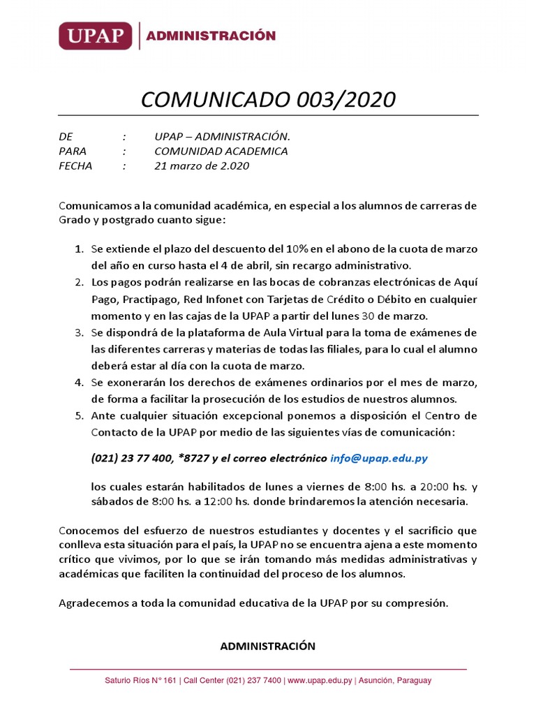 Comunicado ADMIN 003-2020 Modifi | PDF | Crecimiento personal y profesional