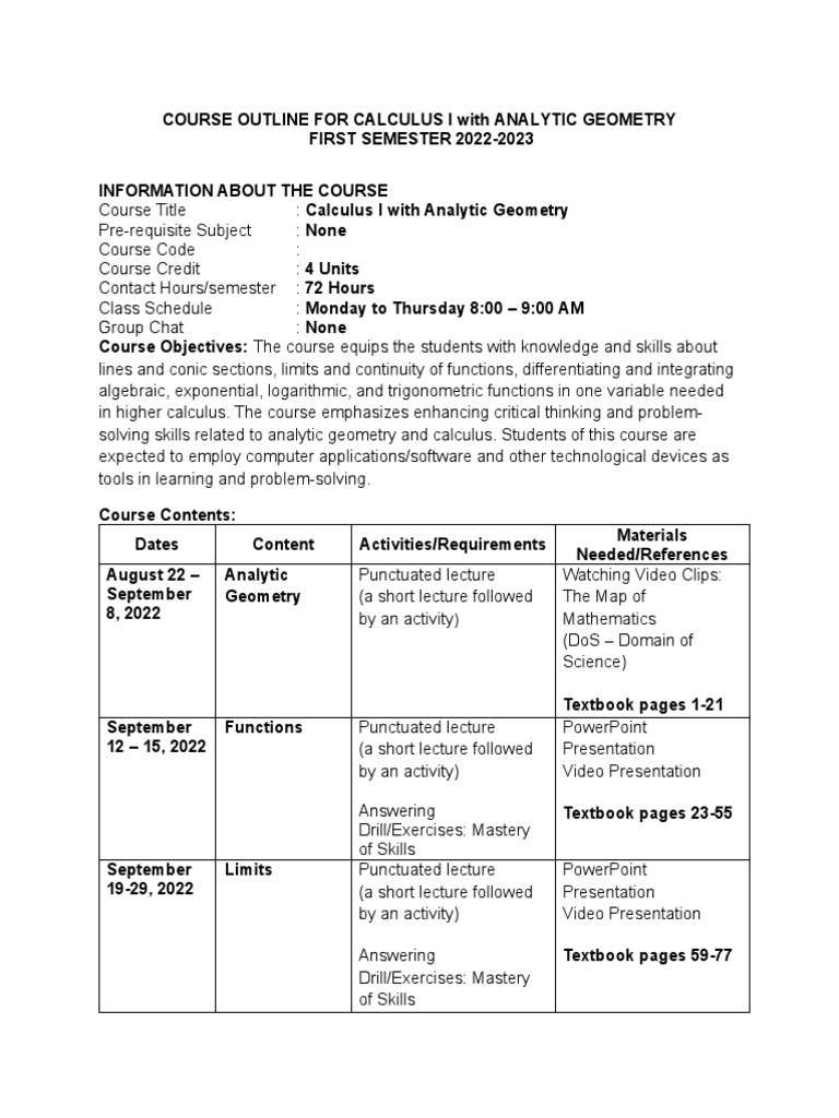 COURSE-OUTLINE-Calculus I With Analytic Geometry 1 | PDF | Function ...