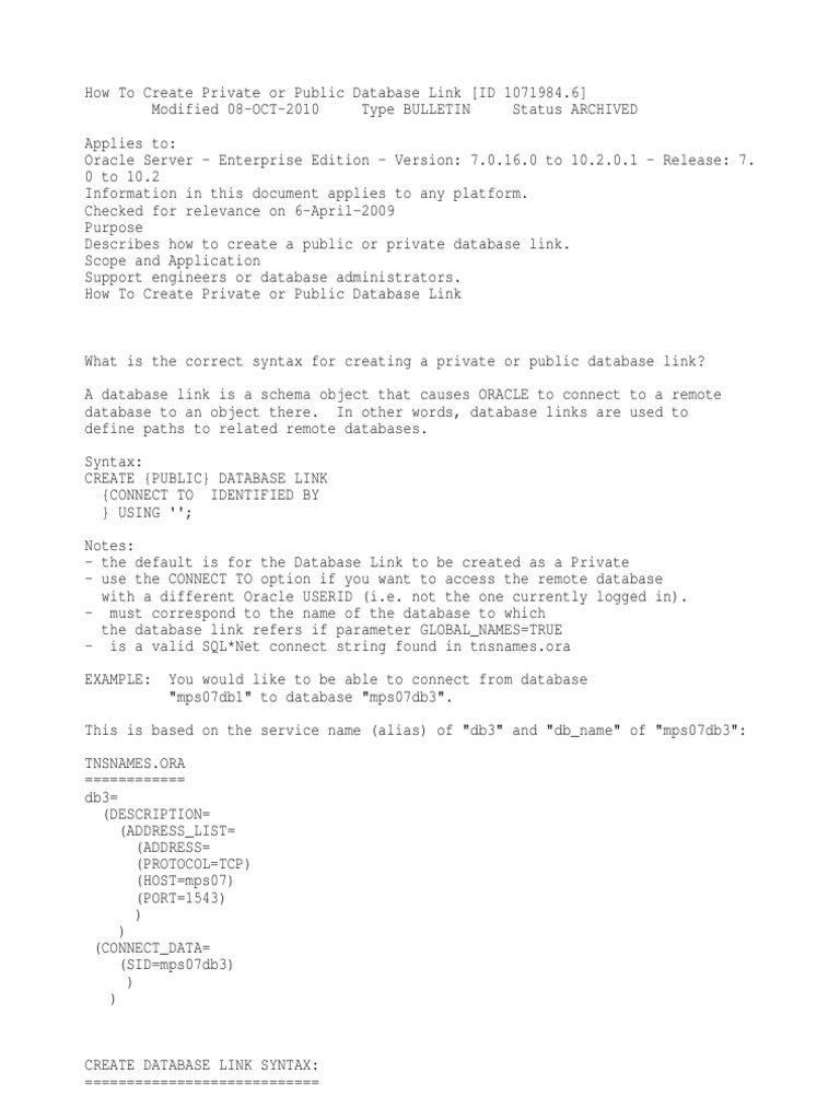 Dblink Creation Pdf Oracle Database Databases