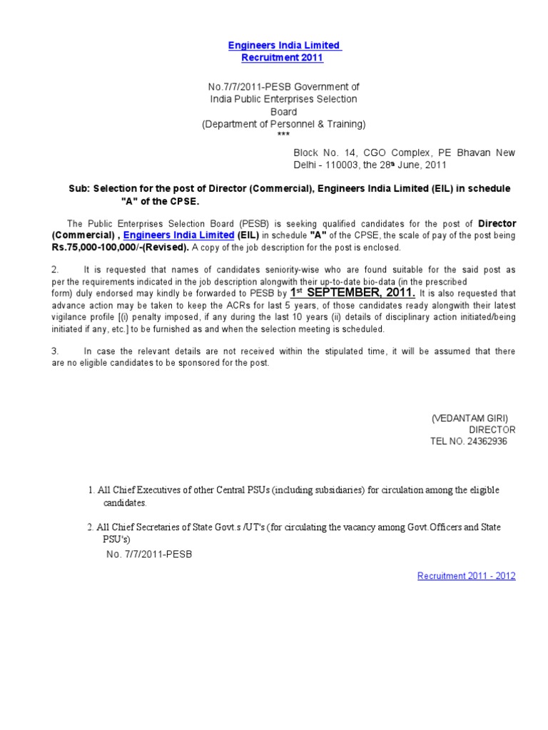 EIL Director Recruitment Notice | PDF