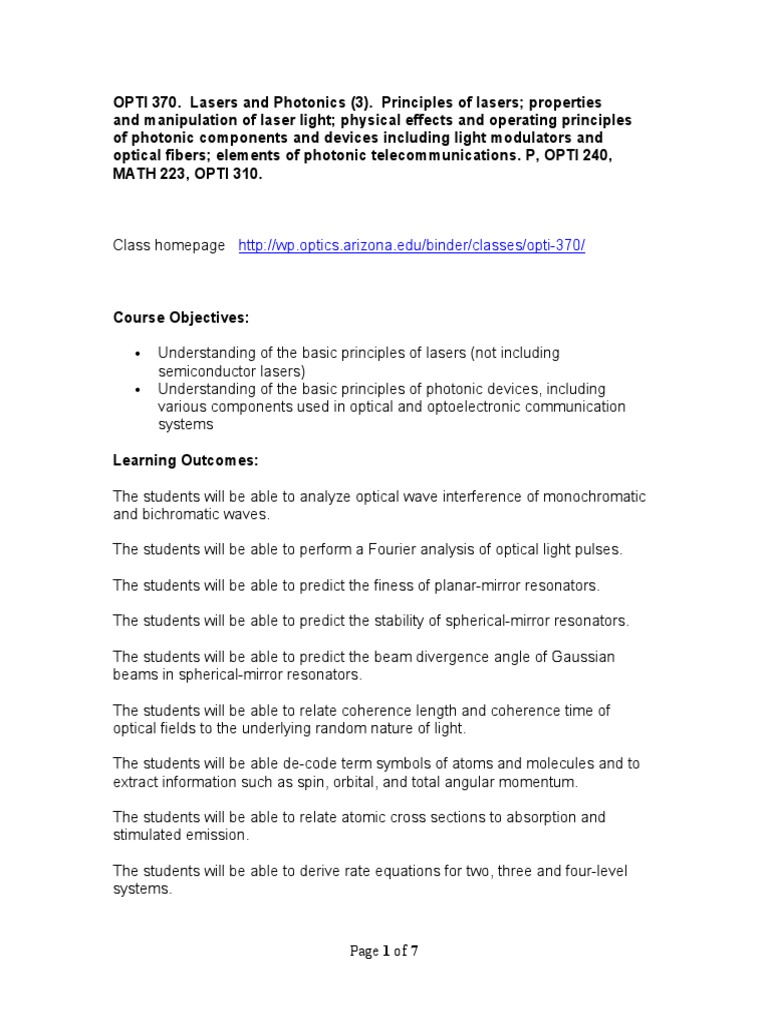 OPTI 370 Syllabus S22 (Updated) | PDF | Laser | Optical Fiber
