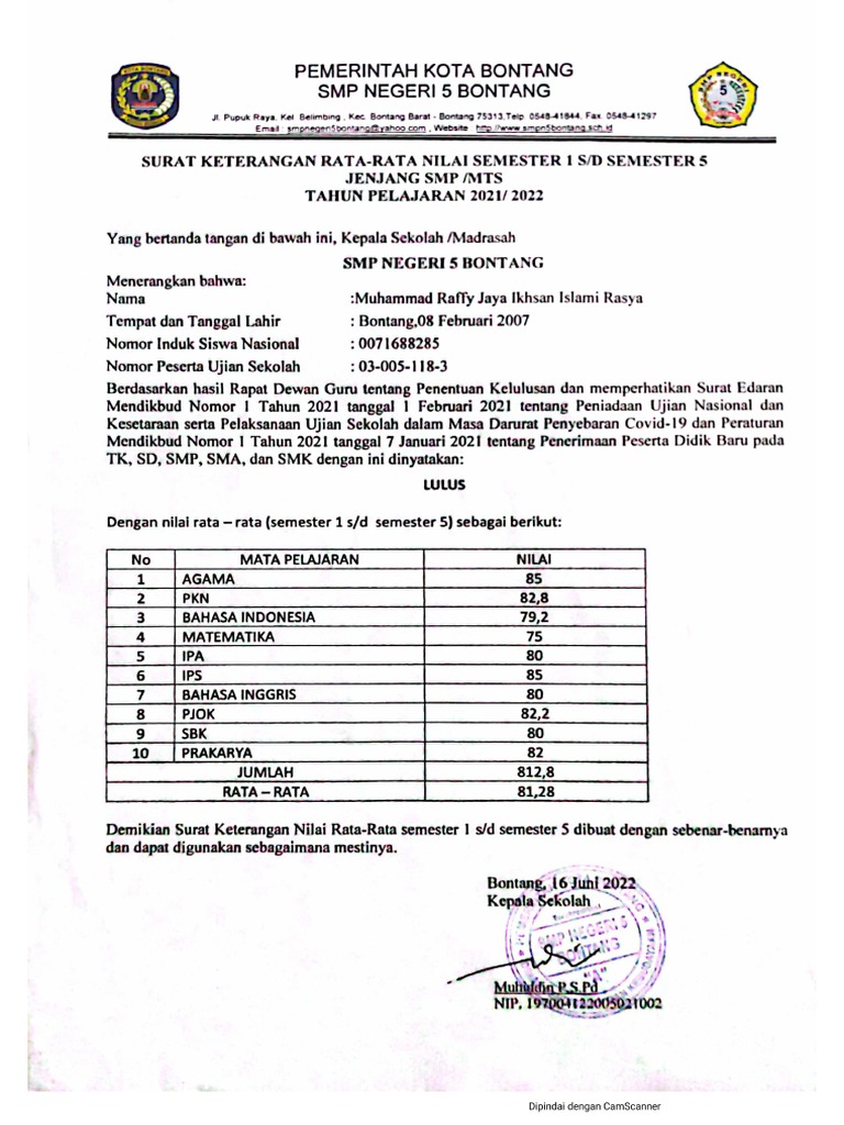 Surat Keterangan Rata Rata | PDF
